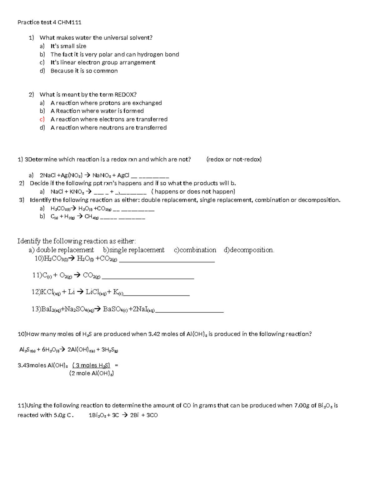 Practice test 4 CHM101 sp 23 - Practice test 4 CHM 1) What makes water ...