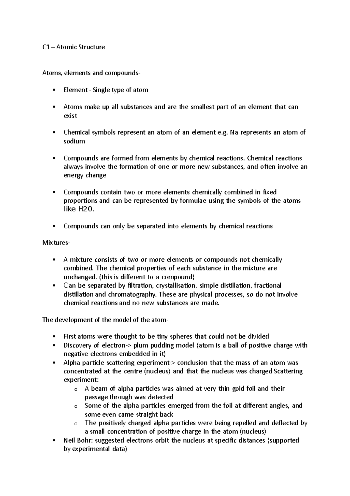 C1 - Chemistry Notes - C1 – Atomic Structure Atoms, elements and ...