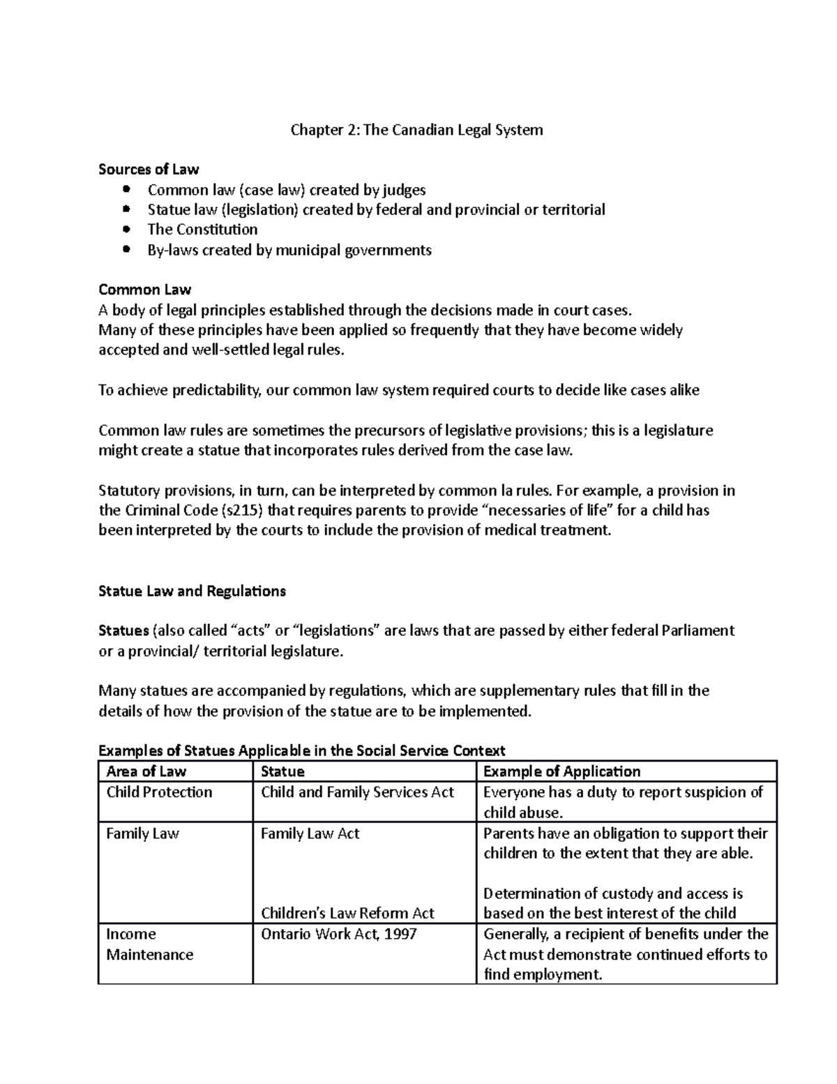 Chapter 2 - notes - Chapter 2: The Canadian Legal System Sources of Law ...