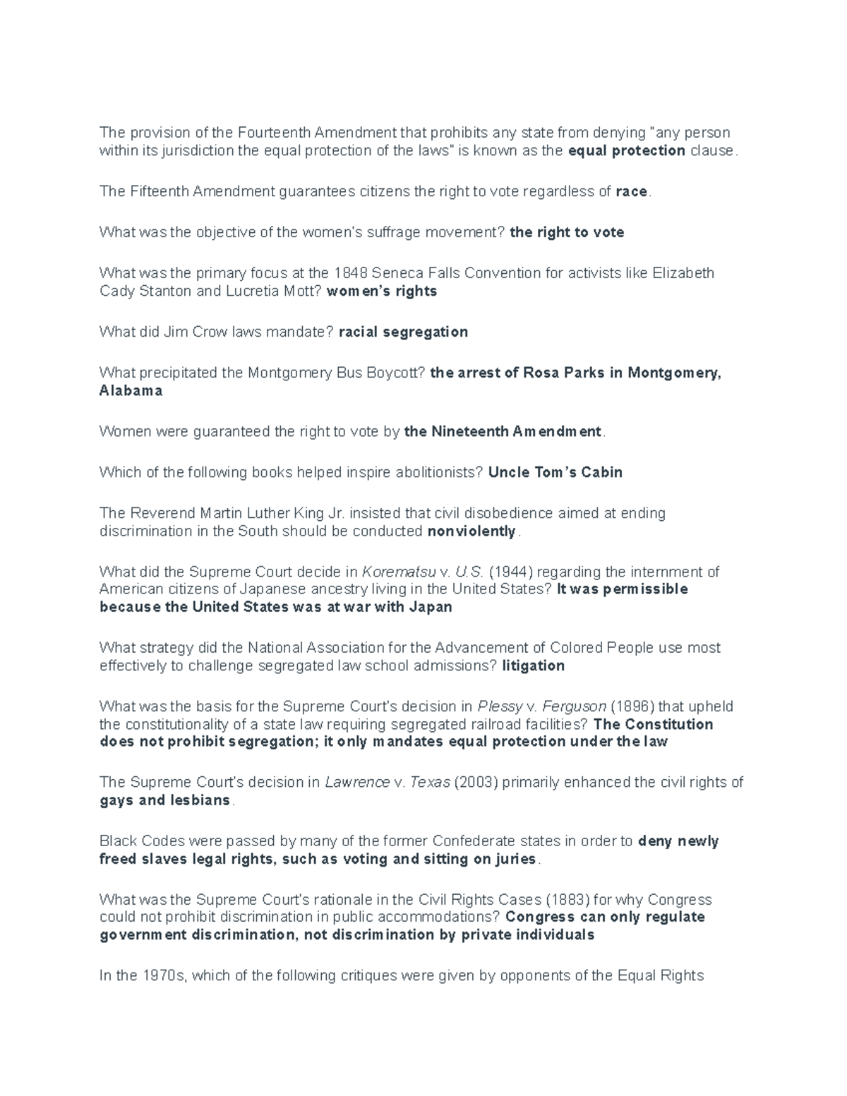 Quiz 5: Civil Rights Study Guide - The provision of the Fourteenth ...