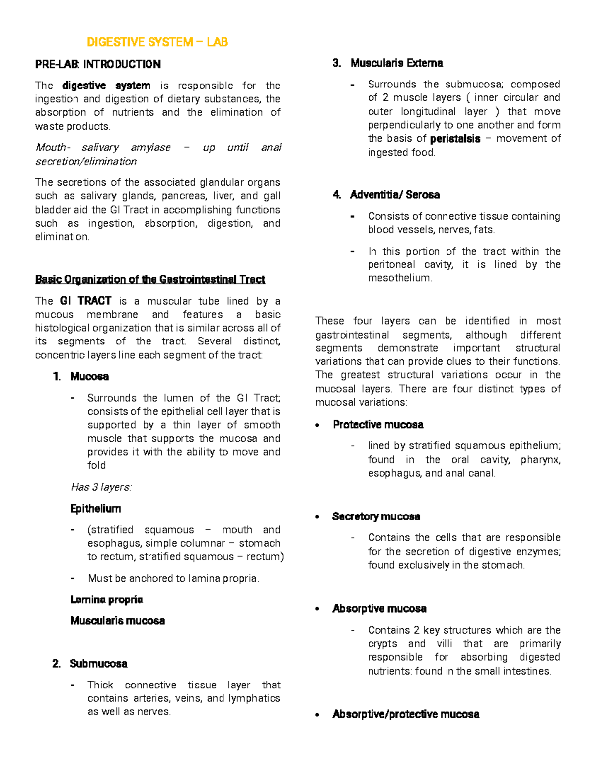 Digestive- System-LAB - DIGESTIVESYSTEM – LAB PRE-LAB:INTRODUCTION The ...