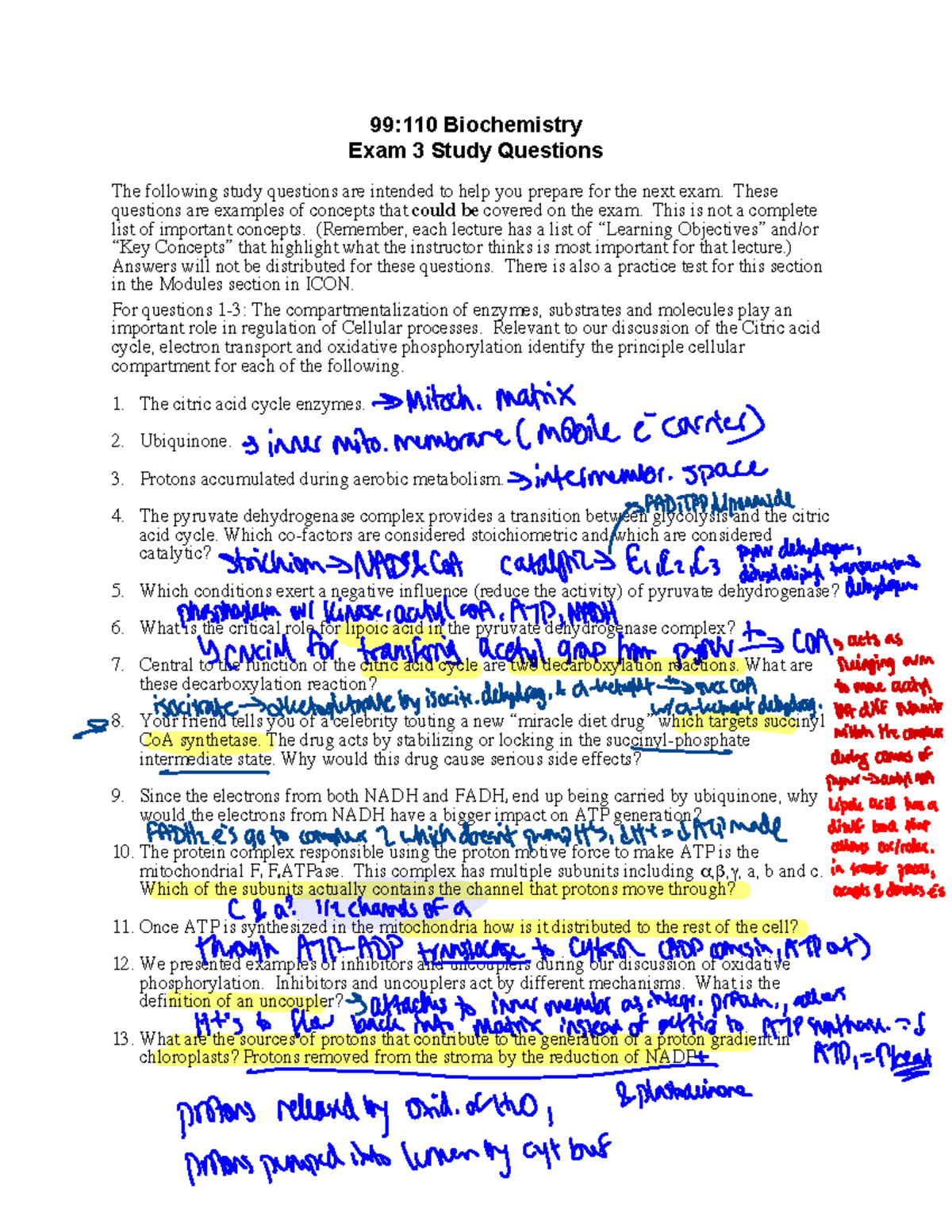 BIOC3110 Study Questions Exam3 Page 1 - 99:110 Biochemistry Exam 3 ...