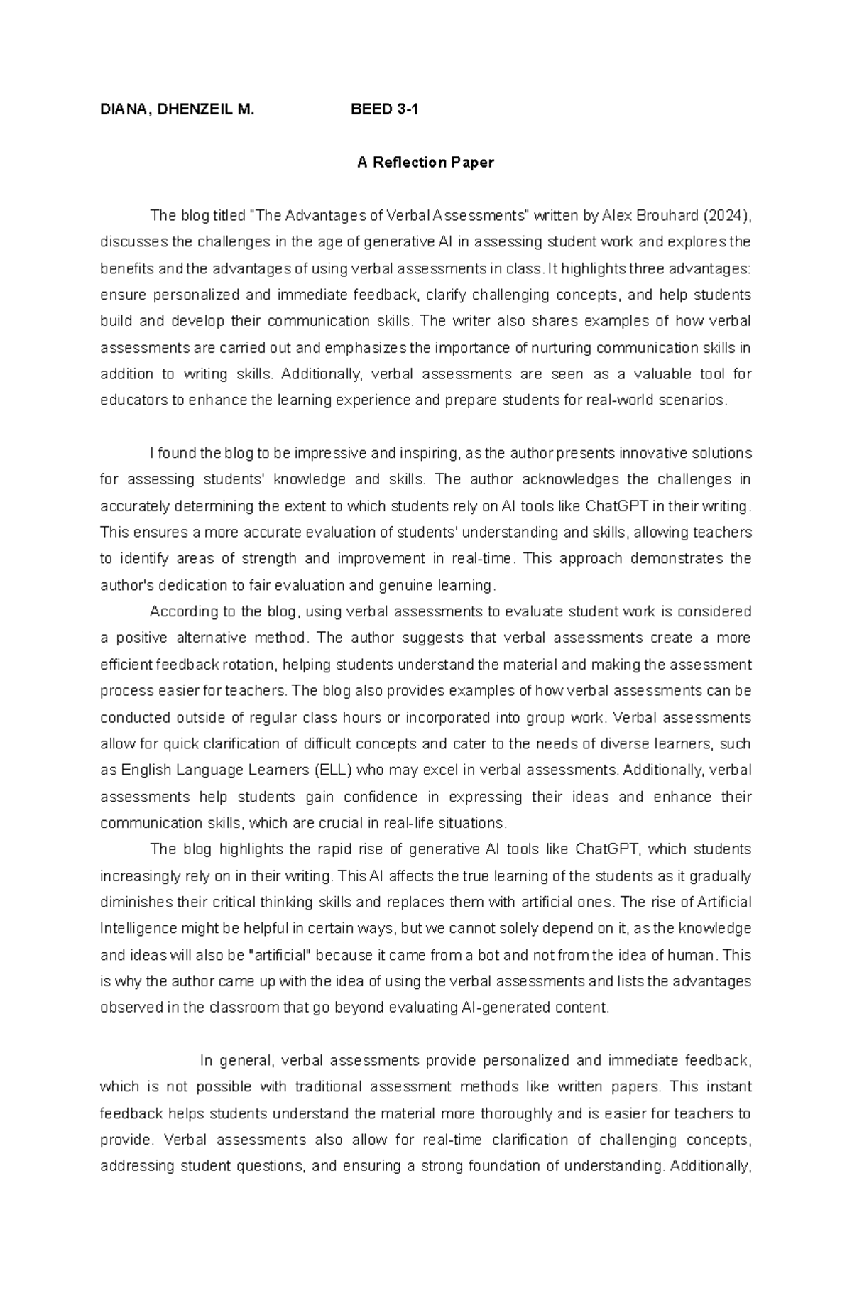 Reflection Paper - DIANA, DHENZEIL M. BEED 3- 1 A Reflection Paper The ...