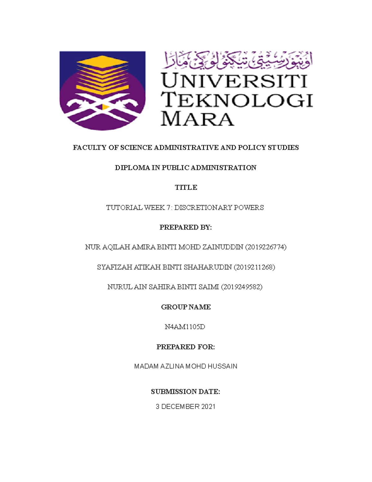 Tutorial WEEK 7 - FACULTY OF SCIENCE ADMINISTRATIVE AND POLICY STUDIES ...