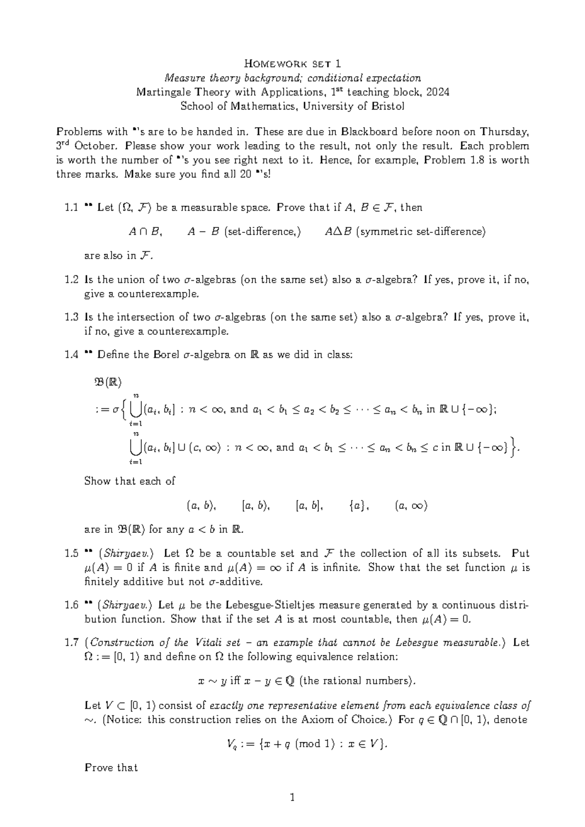 Hw1 mt24z - HW1 - Homework set 1 Measure theory background; conditional ...