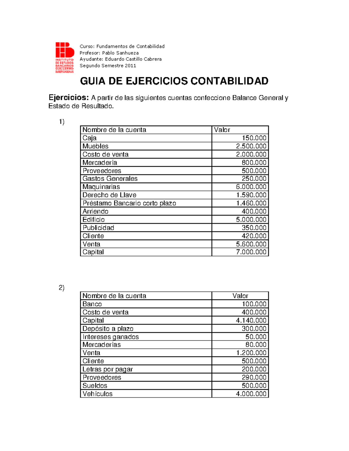 Actividad-balances - Ejercicios contabilidad - GUIA DE EJERCICIOS CONTABILIDAD Ejercicios: A ...