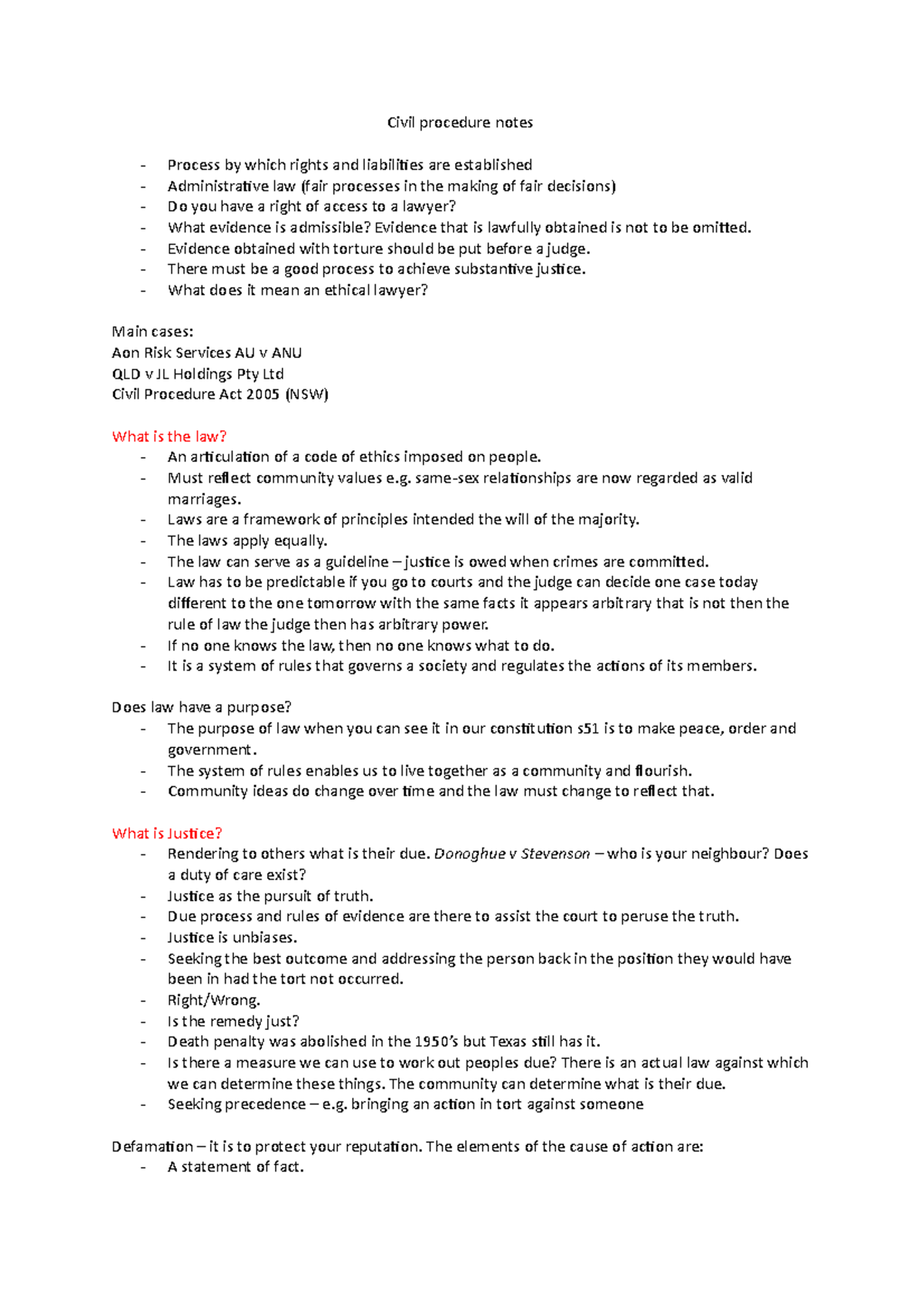 Civil Procedure - notes - Civil procedure notes Process by which rights ...