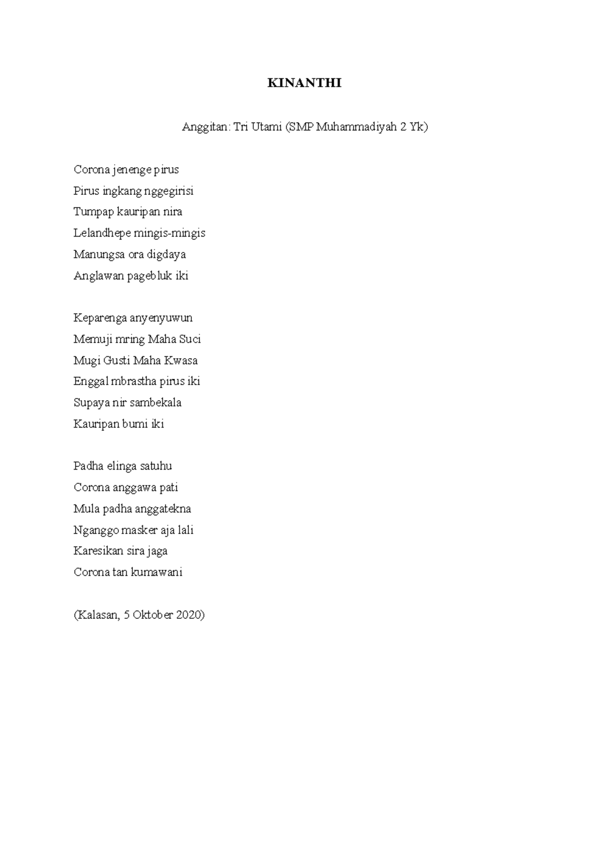 Macapat Kinanthi Pagebluk TRI Utami SMP MH 2 YK - KINANTHI Anggitan ...