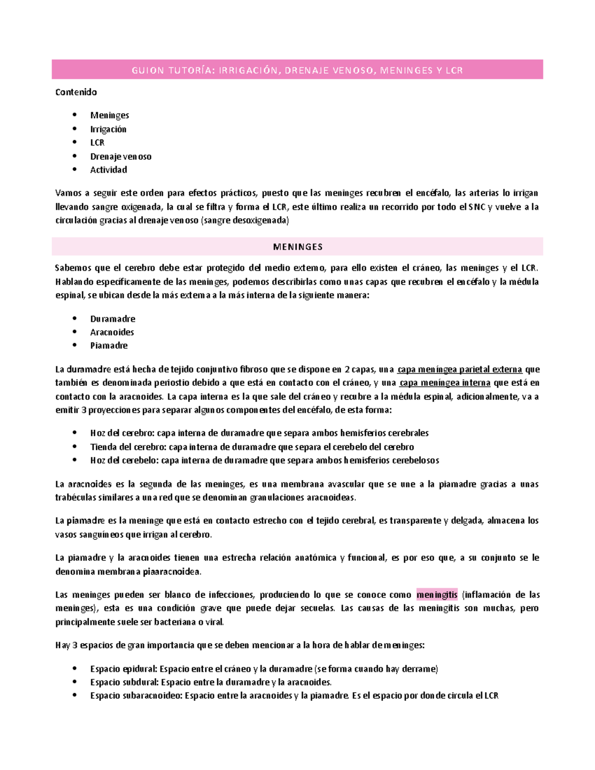 Irrigación, drenaje, meninges y LCR - GUION TUTORÍA: IRRIGACIÓN ...