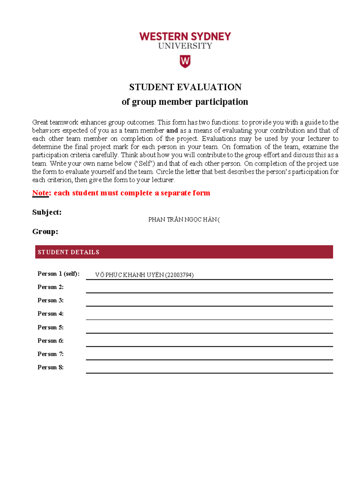Peer evaluation WSU - STUDENT EVALUATION of group member participation ...
