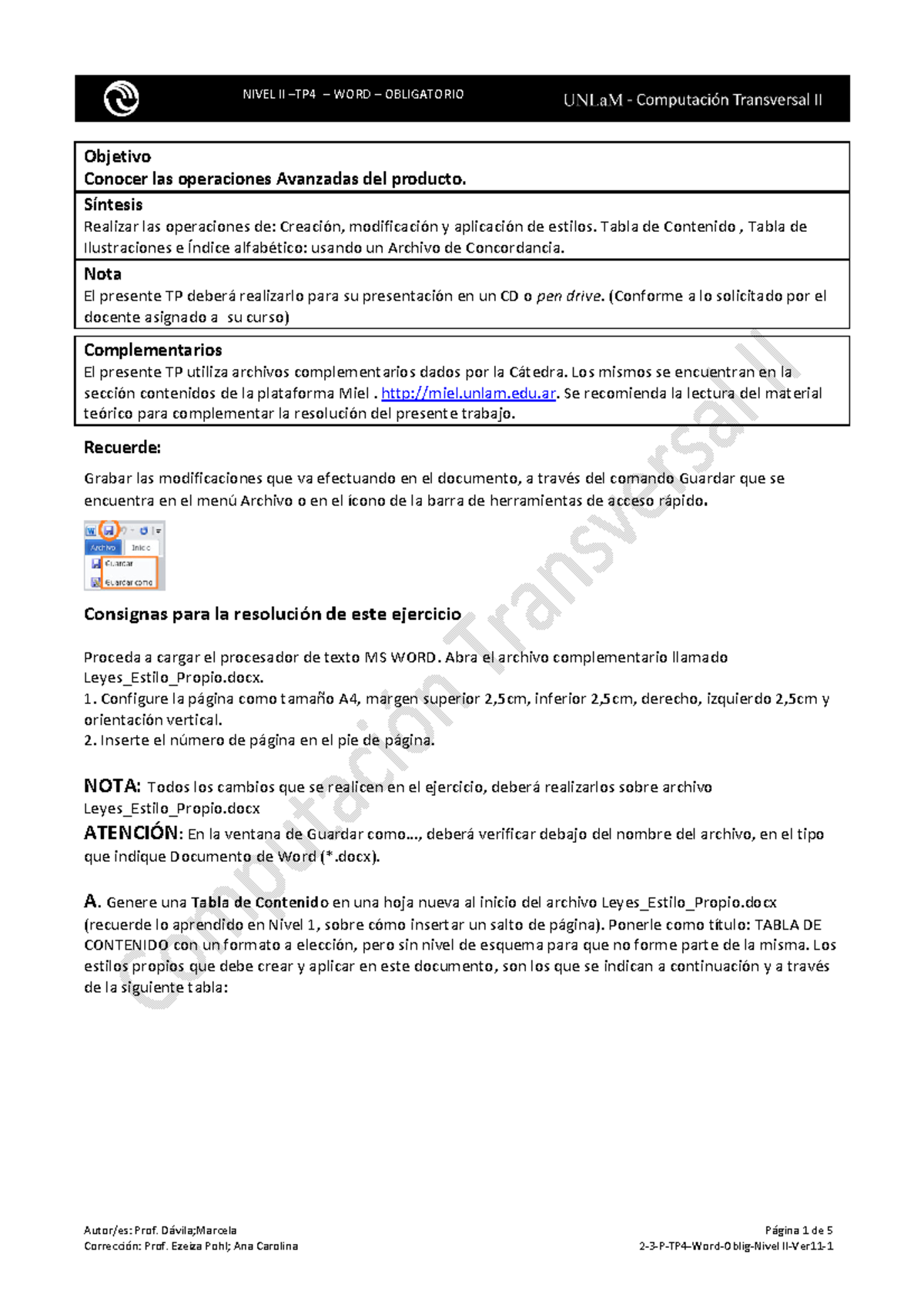 2 3 P TP4 Word Oblig Nivel II Ver11 1 - NIVEL II –TP4 – W Autor/es: Prof. Dávila;Marcela ...