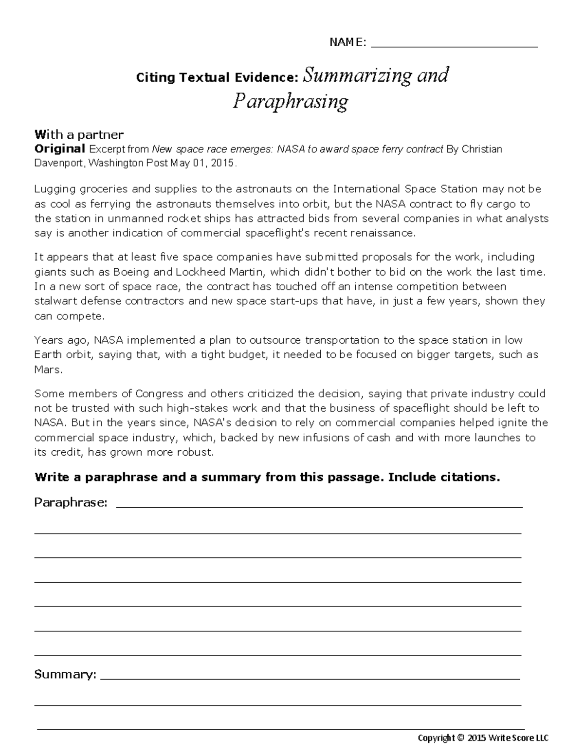 Summarizing and Paraphrasing Handout - Copyright © 2015 Write Score LLC ...