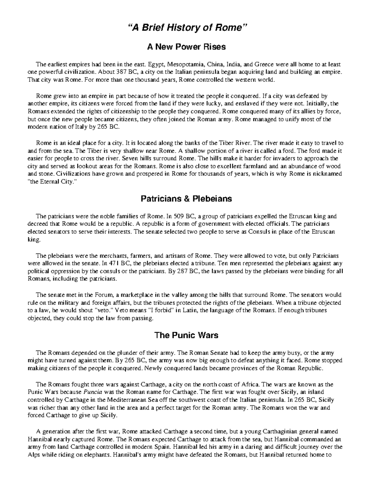 Rome - History - fall - notes 3 - “A Brief History of Rome” A New Power ...