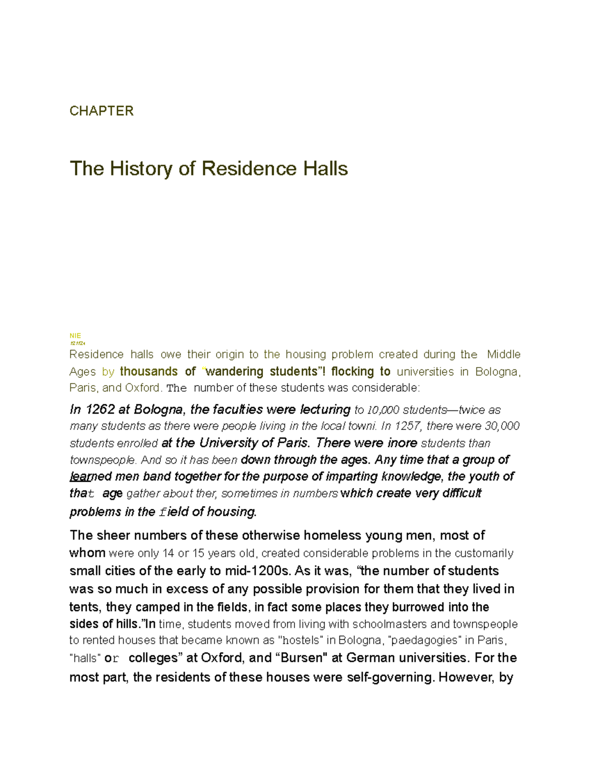 RA Textbook ch 1-3 - In person - CHAPTER The History of Residence Halls ...