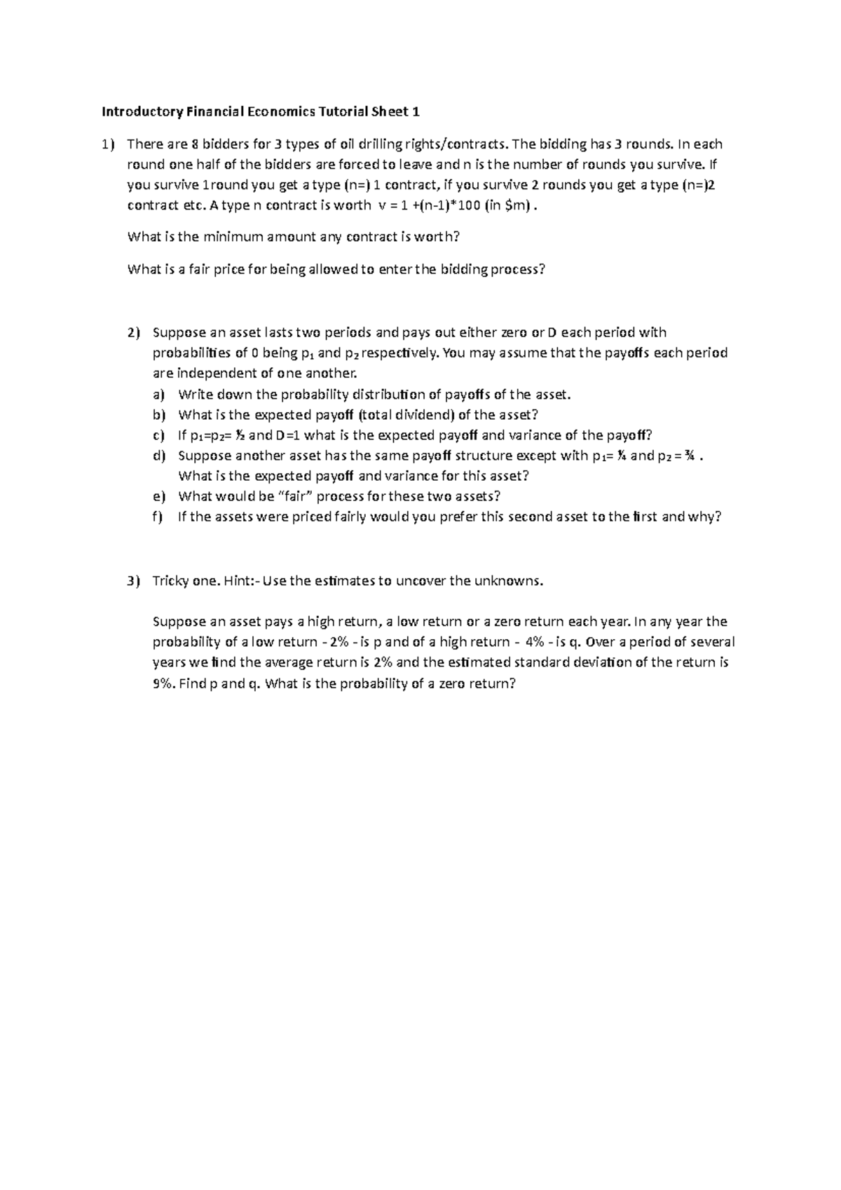 Introductory Financial Economics Tutorial Sheet 1 questoins ...