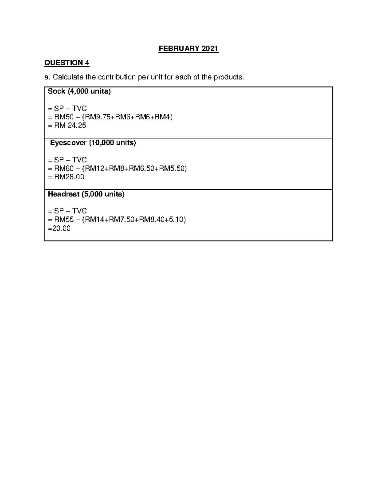 Answer Q4 - FEBRUARY 2021 QUESTION 4 a. Calculate the contribution per ...