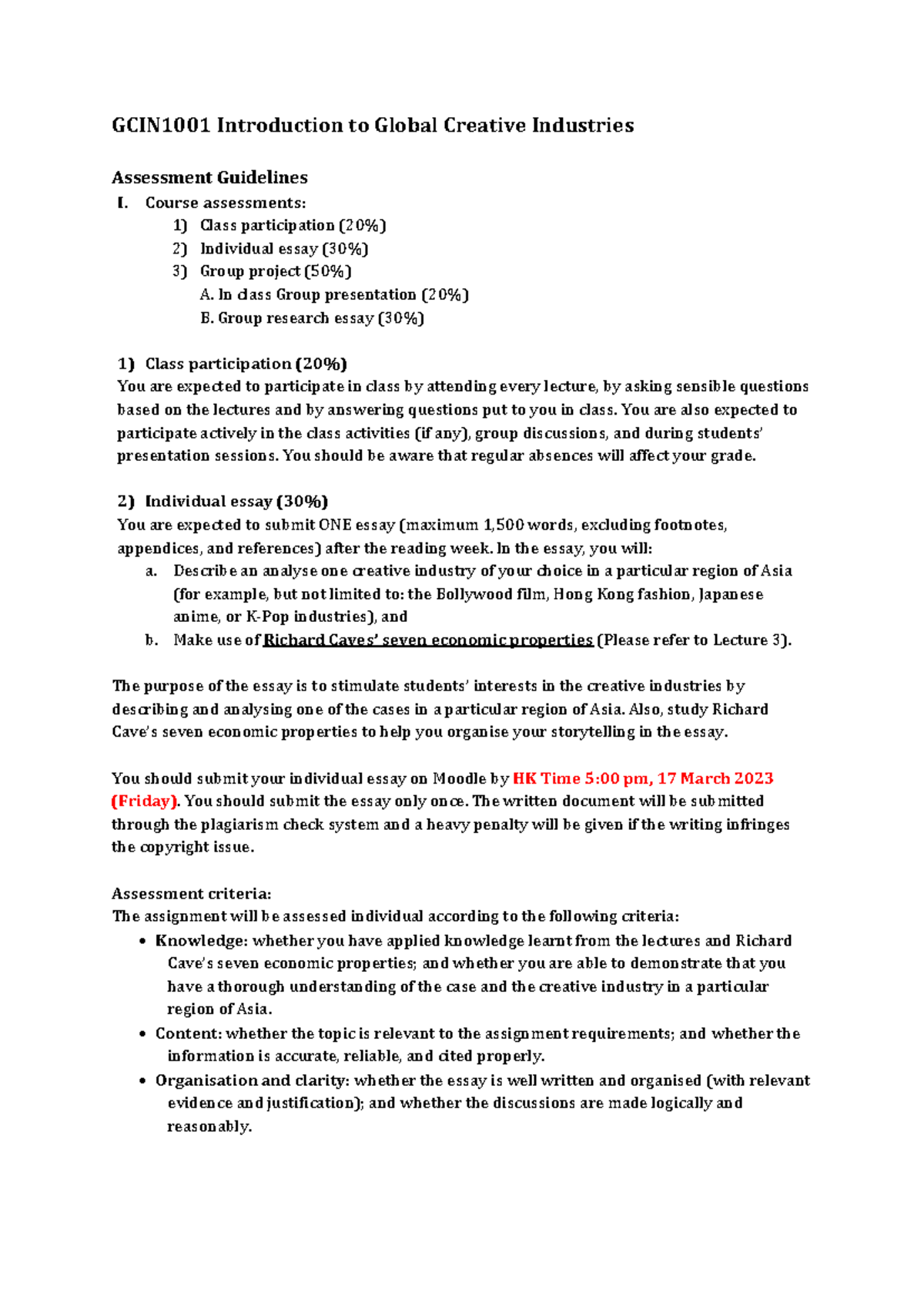 22-23 Sem2 GCIN1001 Assignment Guidelines - GCIN1001 Introduction to Global Creative Industries ...
