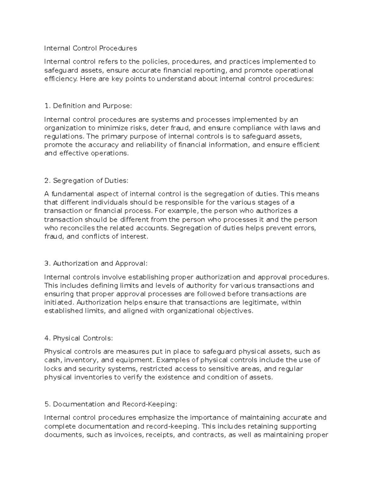 Internal Control Procedures - Internal Control Procedures Internal ...