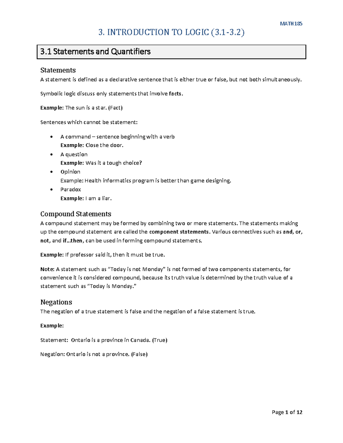 Week 10 - Chap 3 Logic(3-4-5) - MATH185 - Centennial College - Studocu
