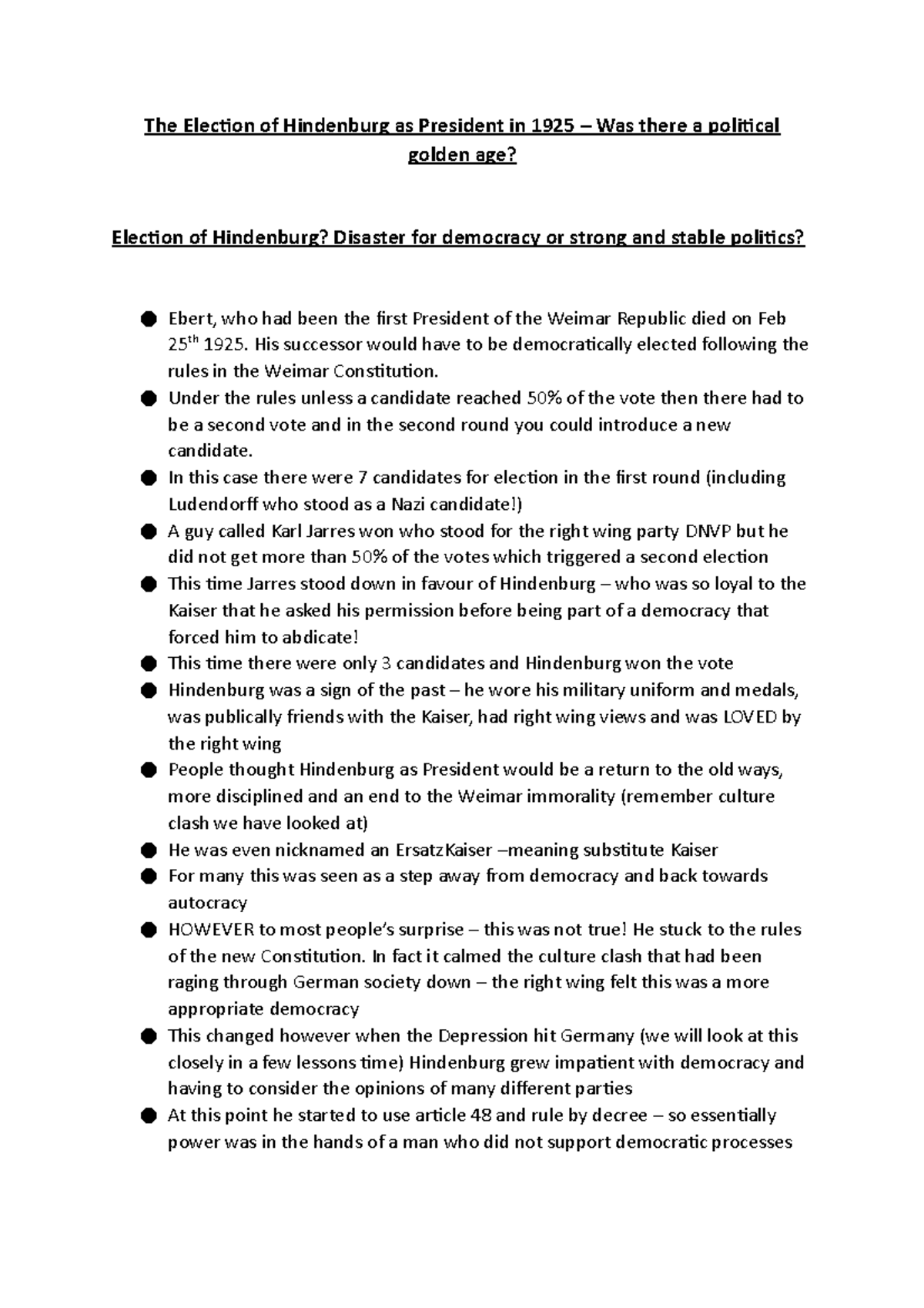 Election of Hindenburg as President in 1925 - Studocu