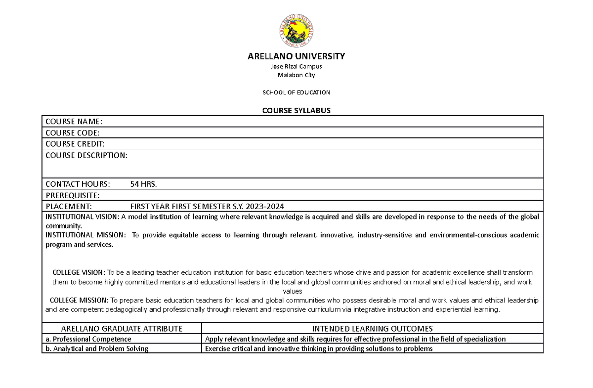 OBE-Syllabus-Template Educ - ARELLANO UNIVERSITY Jose Rizal Campus Malabon City SCHOOL OF ...