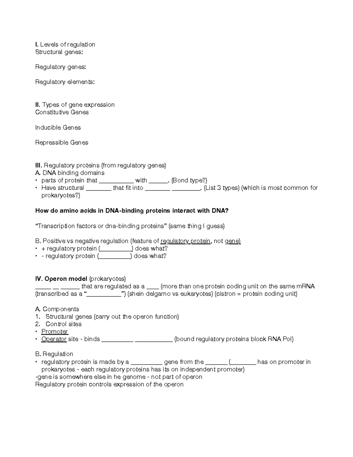 Genetics exam 4 Study Guide - I. Levels of regulation Structural genes ...