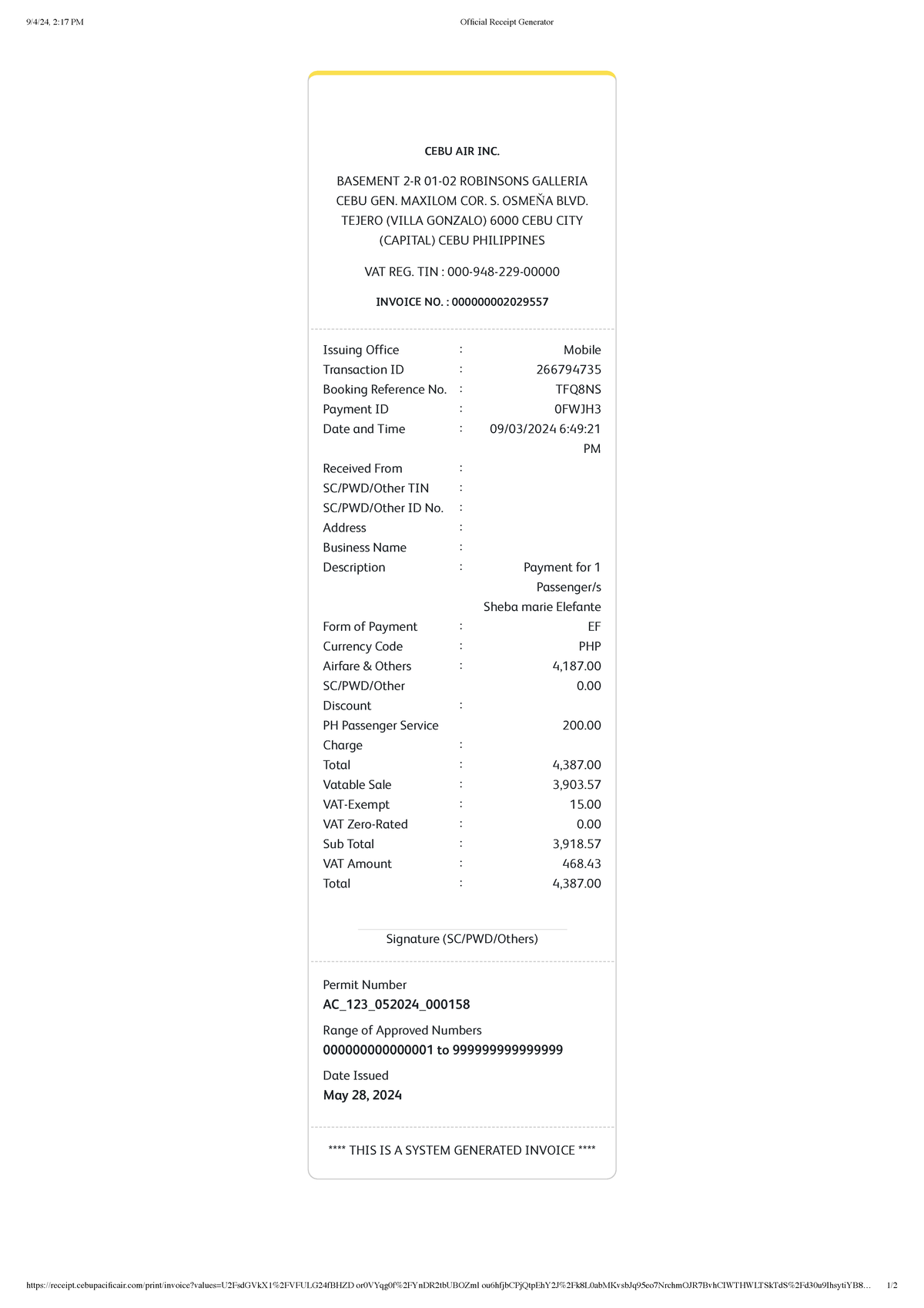 Official Receipt Generator - CEBU AIR INC. BASEMENT 2 - R 01 - 02 ...