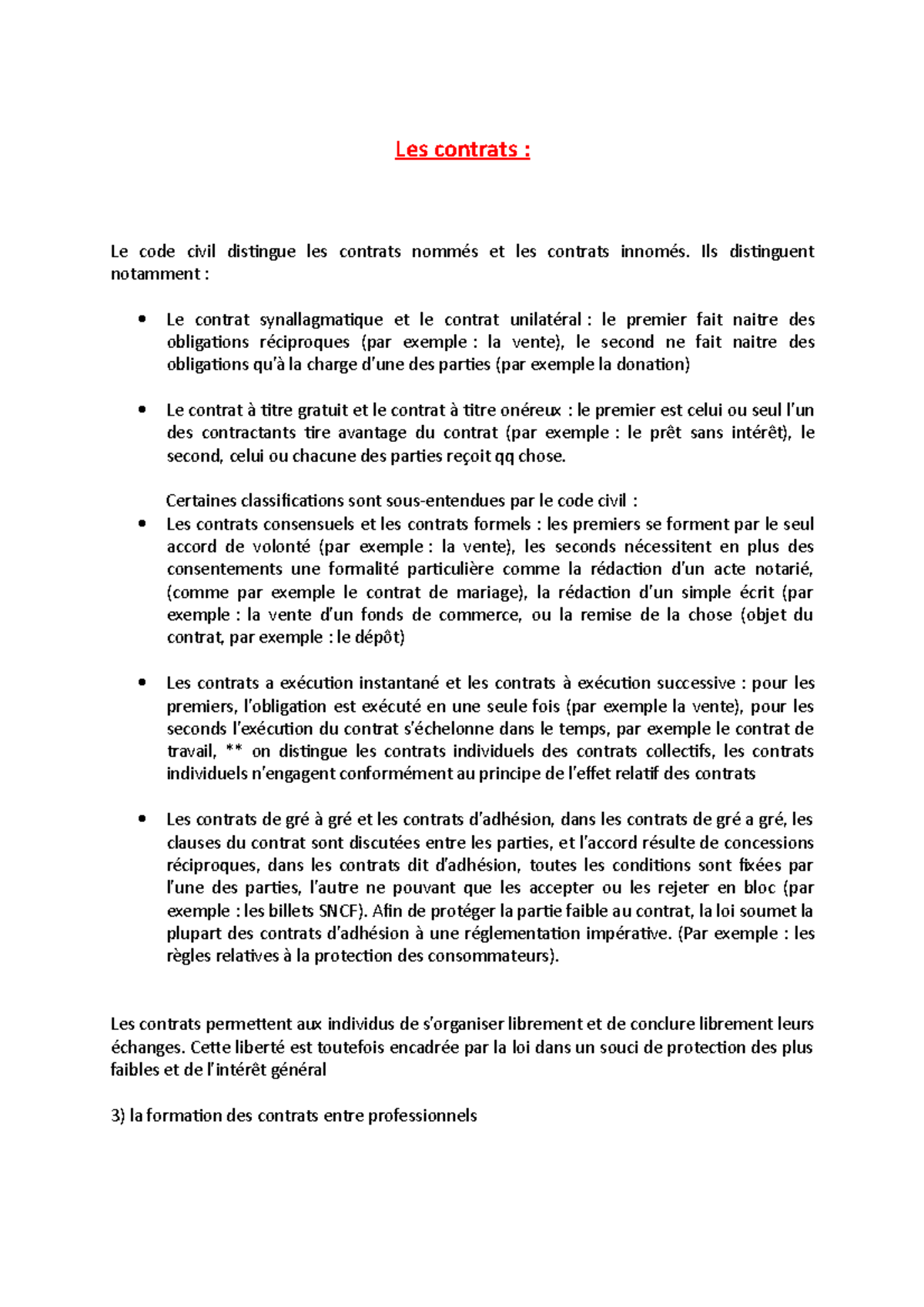 Contrats - Notes de cours 2 - Les contrats : Le code civil distingue ...