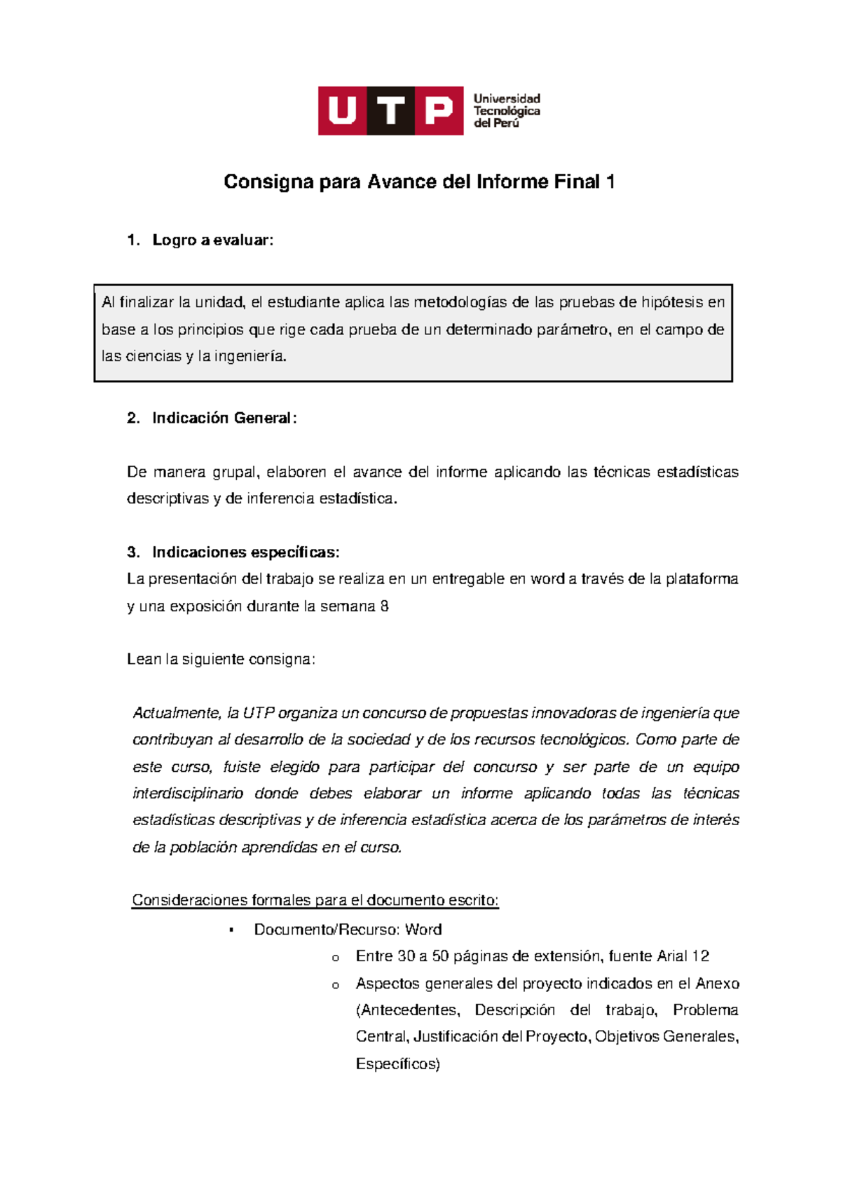 Indicaciones Primer Avance Trabajo Grupal Final - Consigna para Avance del Informe Final 1 1 ...