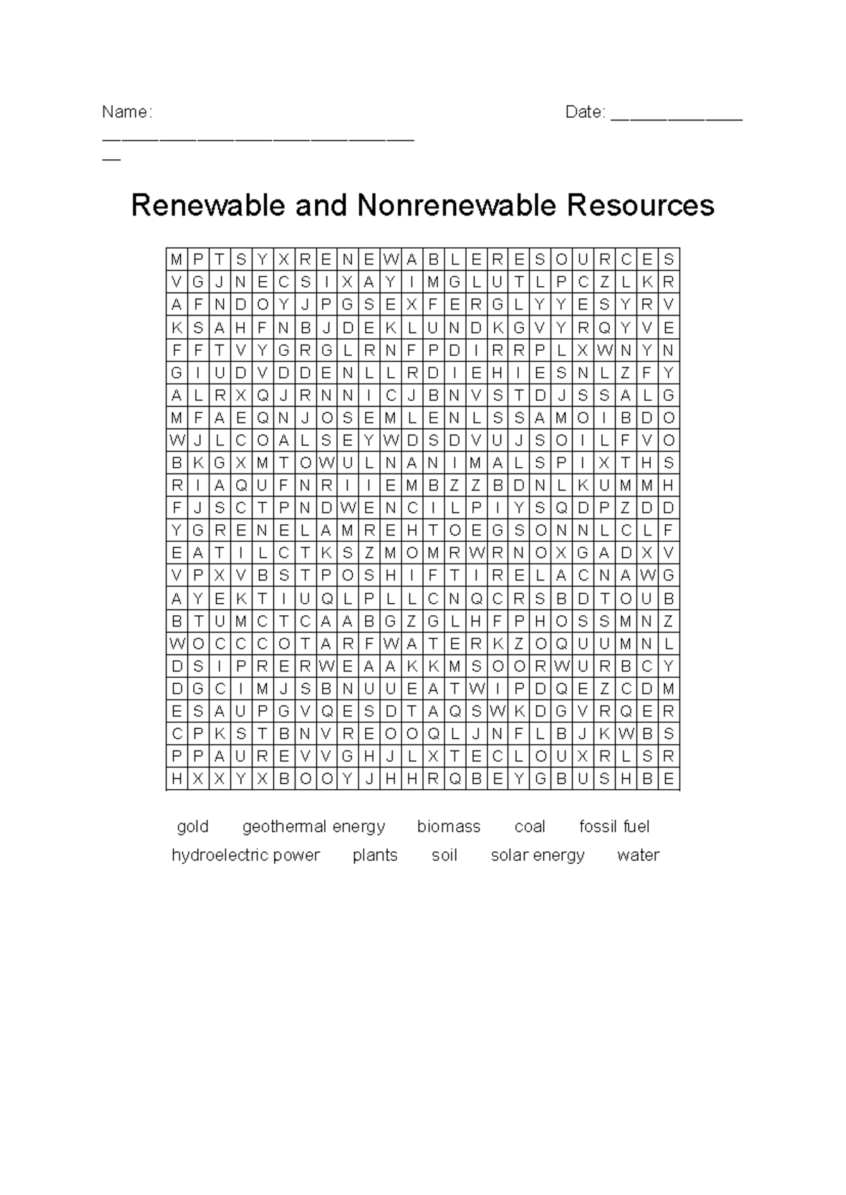 Renewable and Nonrenewable Resources - Name ...