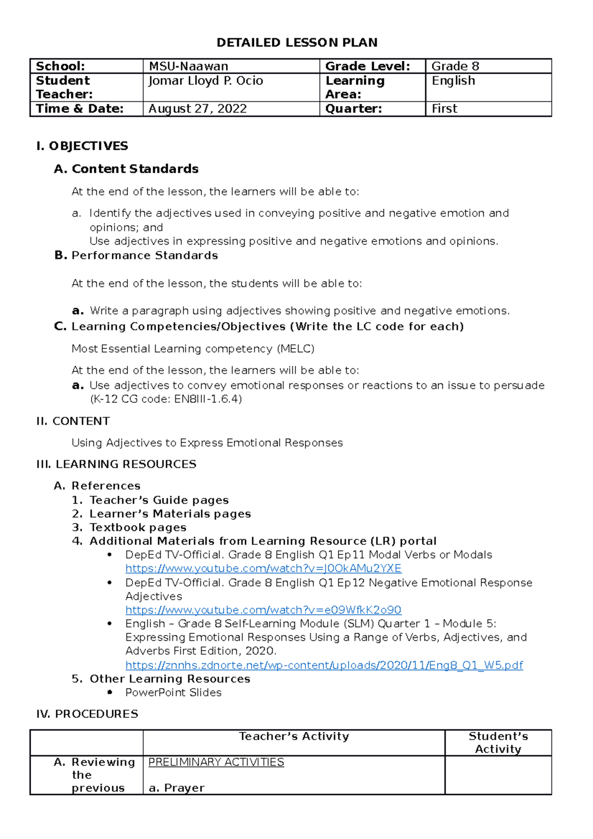 Detailed- Lesson-PLAN - DETAILED LESSON PLAN School: MSU-Naawan Grade ...