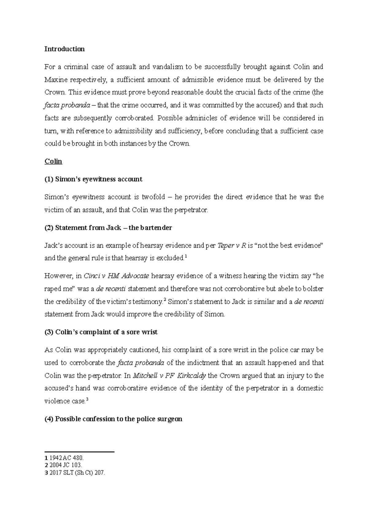 Evidence Assessment 1 (Criminal Evidence) - Introduction For a criminal ...