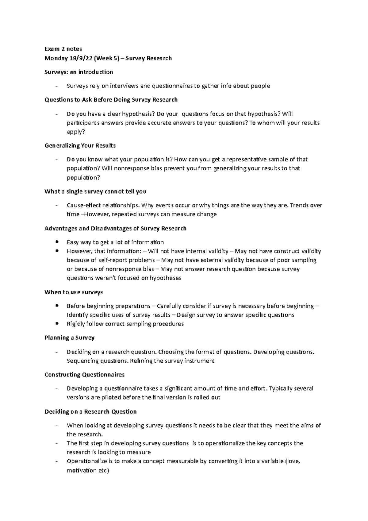 Exam 2 notes - Exam 2 notes Monday 19/9/22 (Week 5) – Survey Research ...