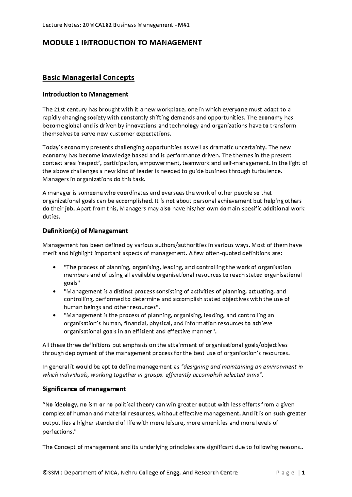 BM1 - MODULE 1 INTRODUCTION TO MANAGEMENT Basic Managerial Concepts ...