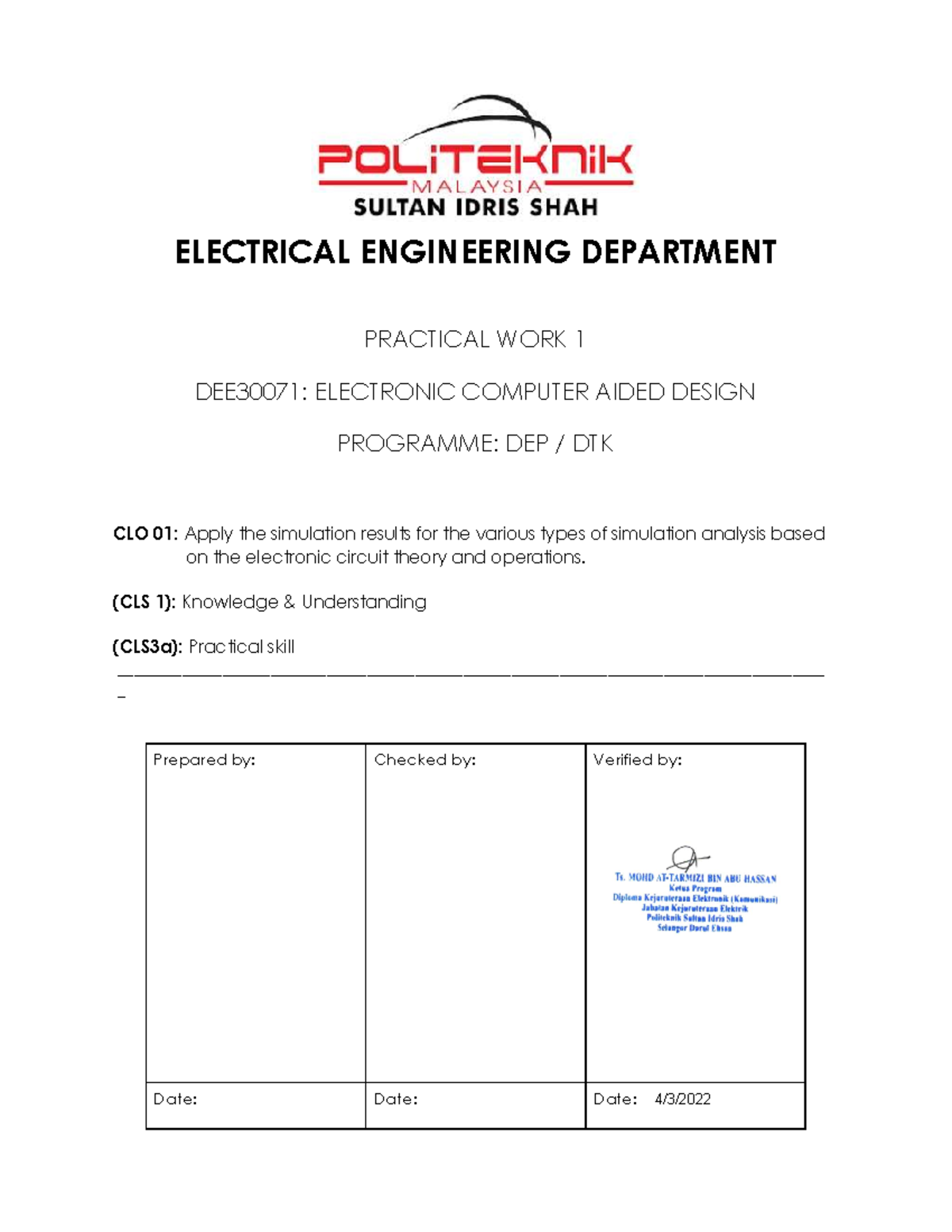 DEE30071 PW 1 - Computer design - ELECTRICAL ENGINEERING DEPARTMENT PRACTICAL WORK 1 DEE30071 ...