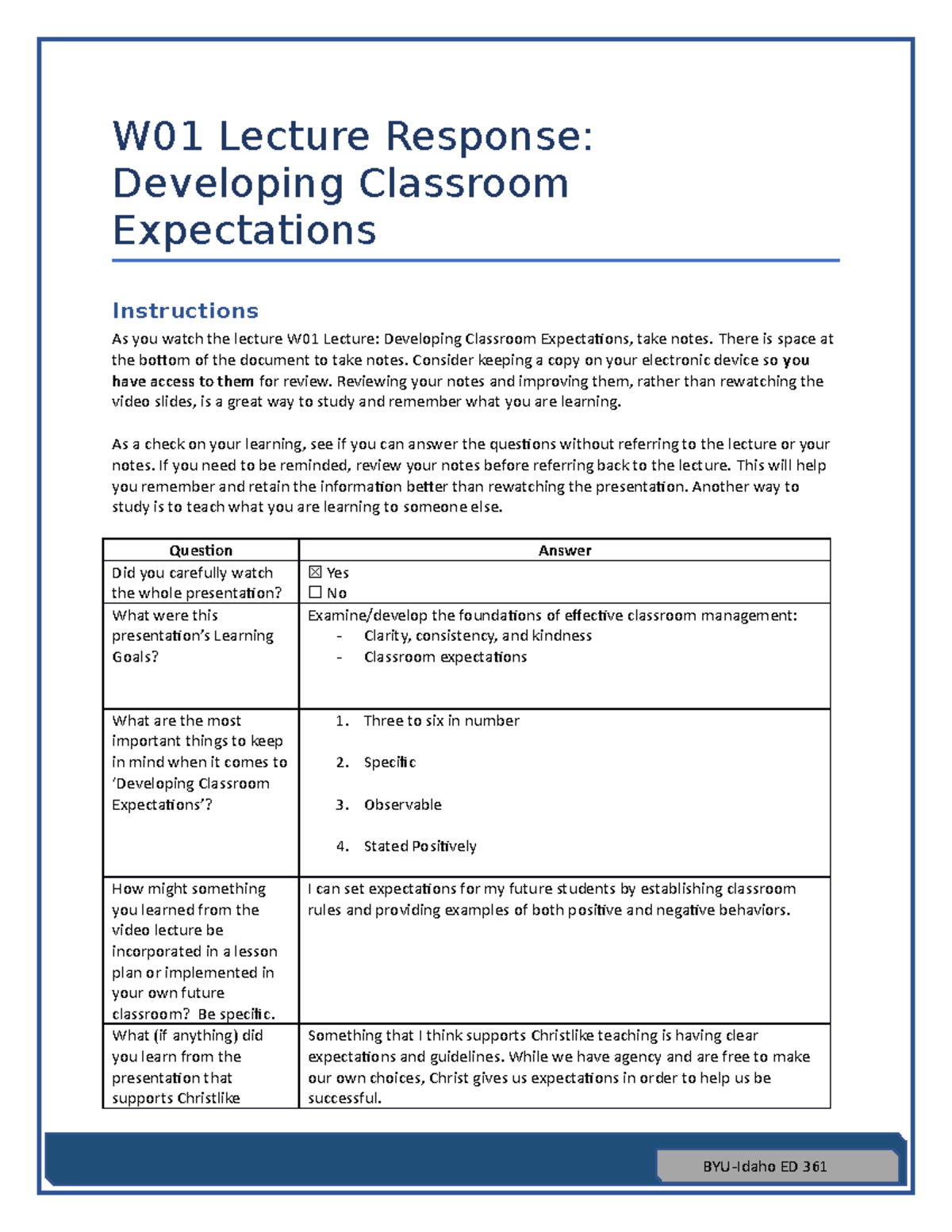 ED361 Lecture Classroom Expectations - W01 Lecture Response: Developing ...