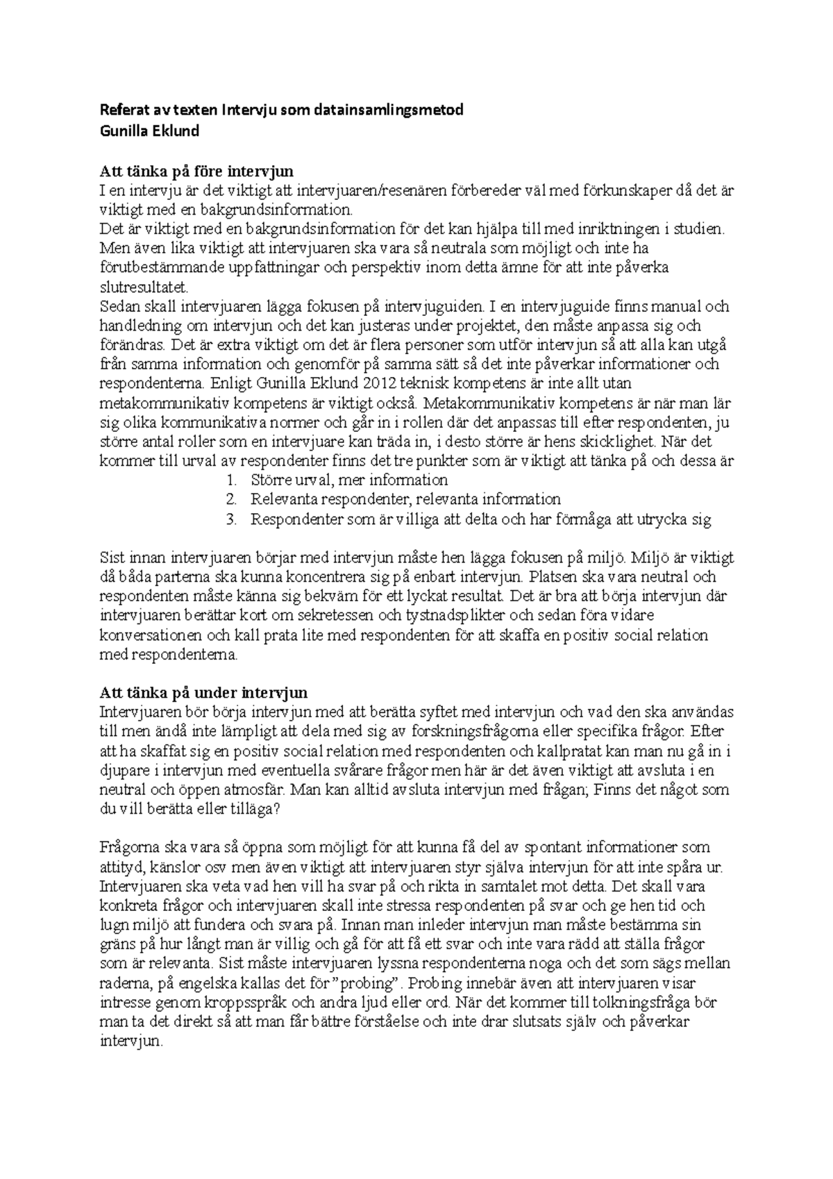 Referat av texten Intervju som datainsamlingsmetod - Det är viktigt med ...