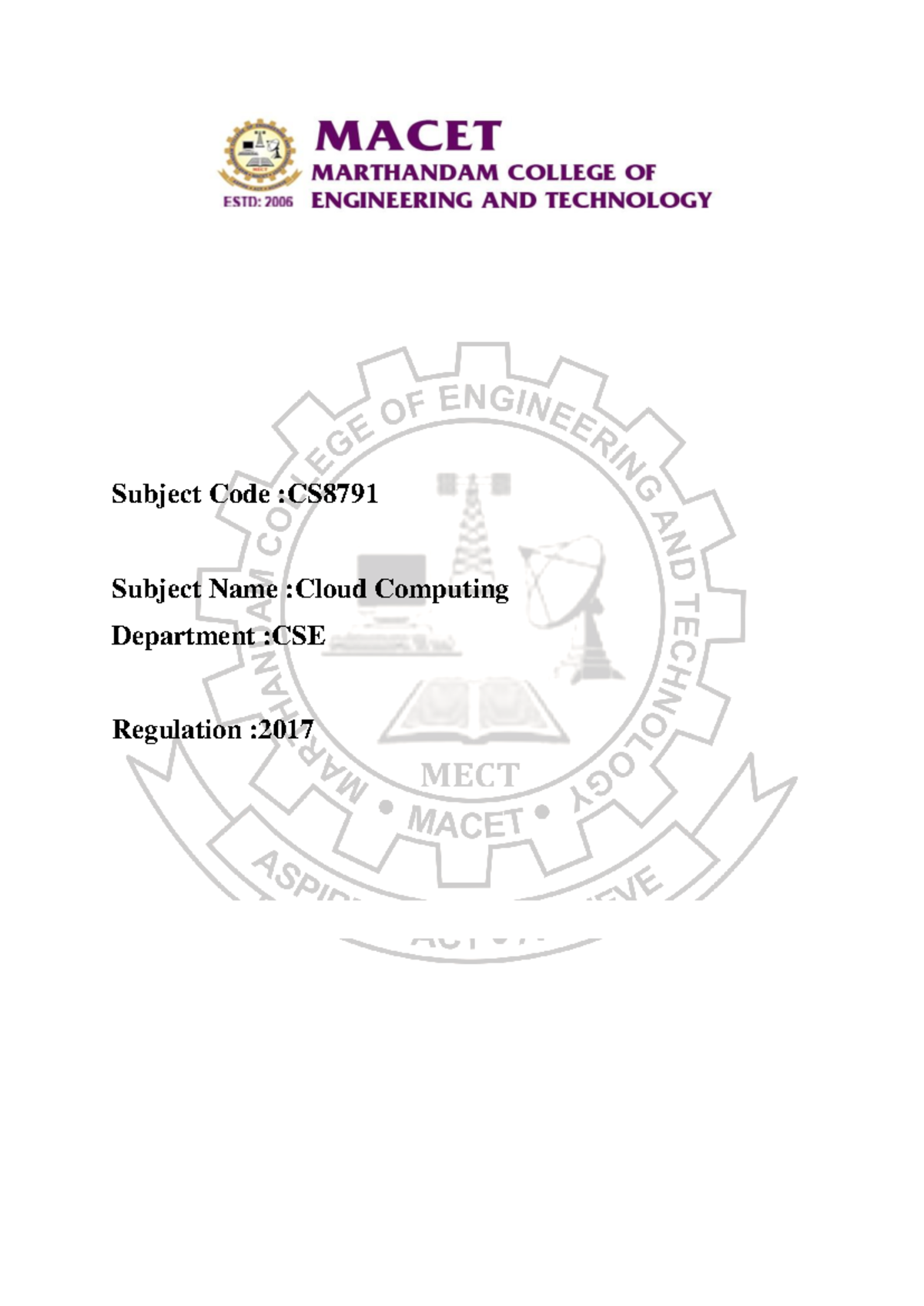 Davija-CS8791 Cloud Computing - Subject Code :CS Subject Name :Cloud Computing Department :CSE ...