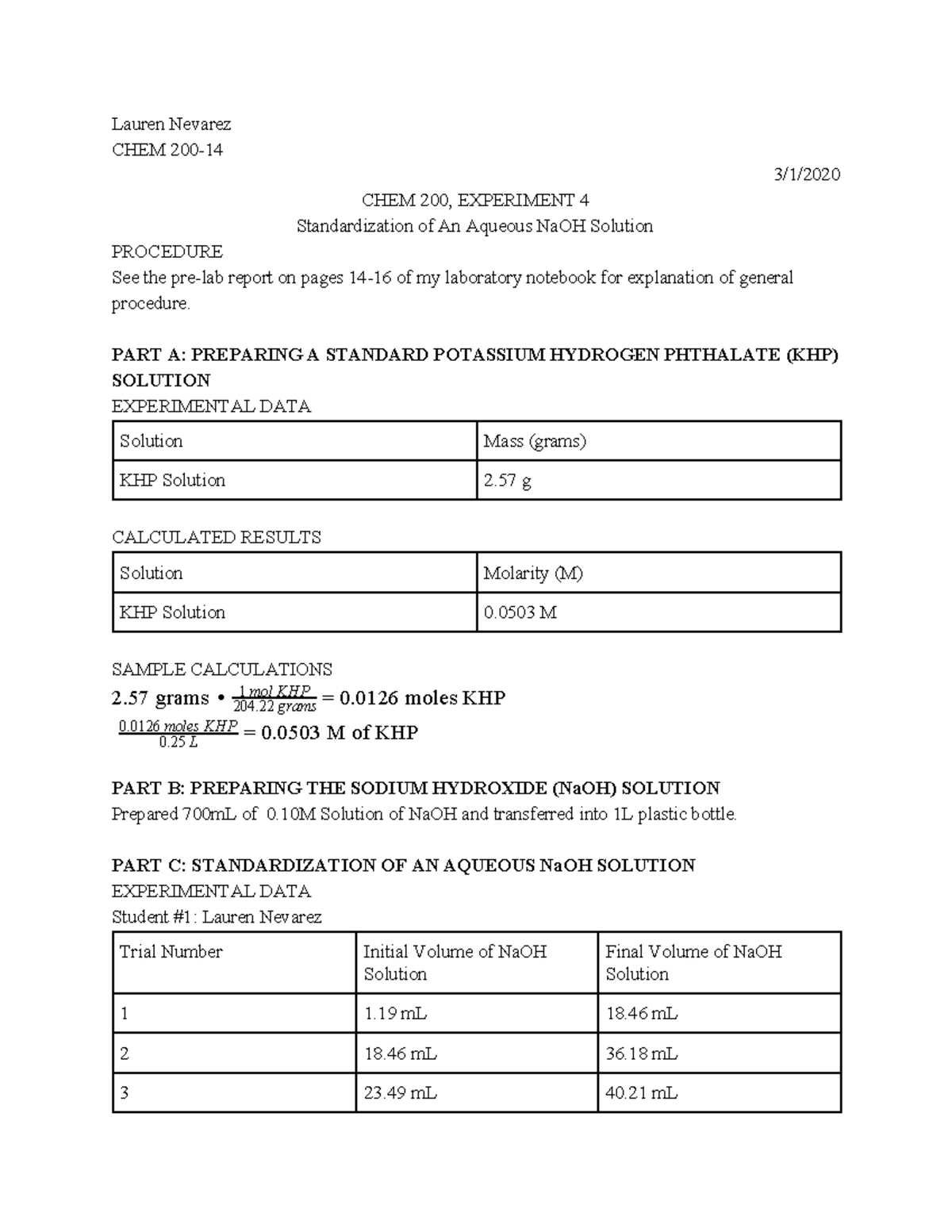CHEM200-14 EXP. 4 - Chem200 Lab 4 - Lauren Nevarez CHEM 200- 3/1/ CHEM ...