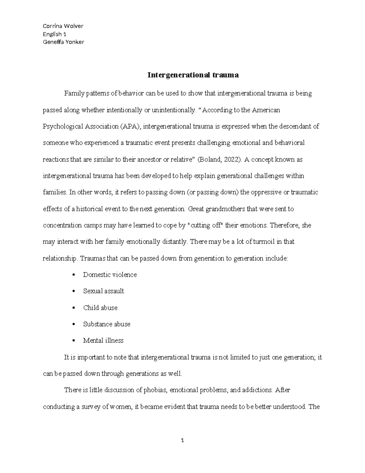 Paper 6 - English 1 Geneffa Yonker Intergenerational trauma Family ...