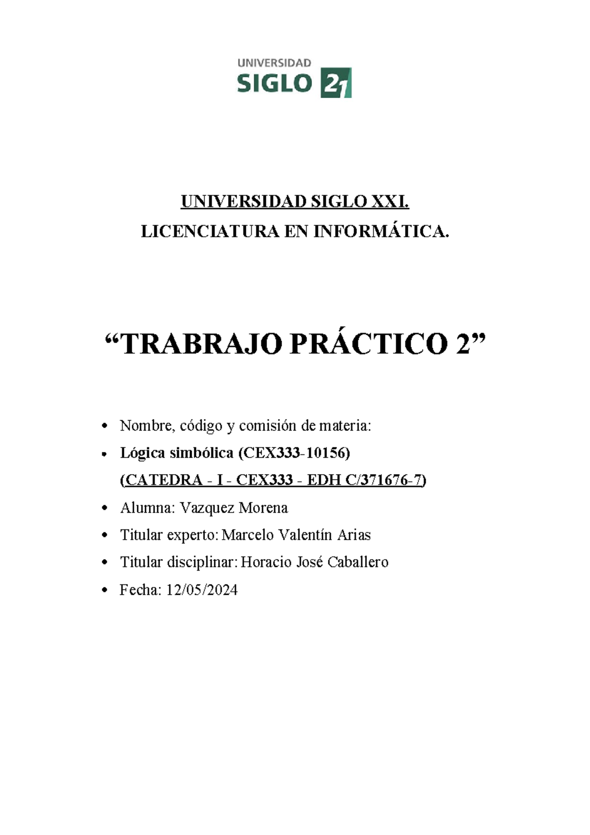 Caratula para tp(original) - UNIVERSIDAD SIGLO XXI. LICENCIATURA EN ...
