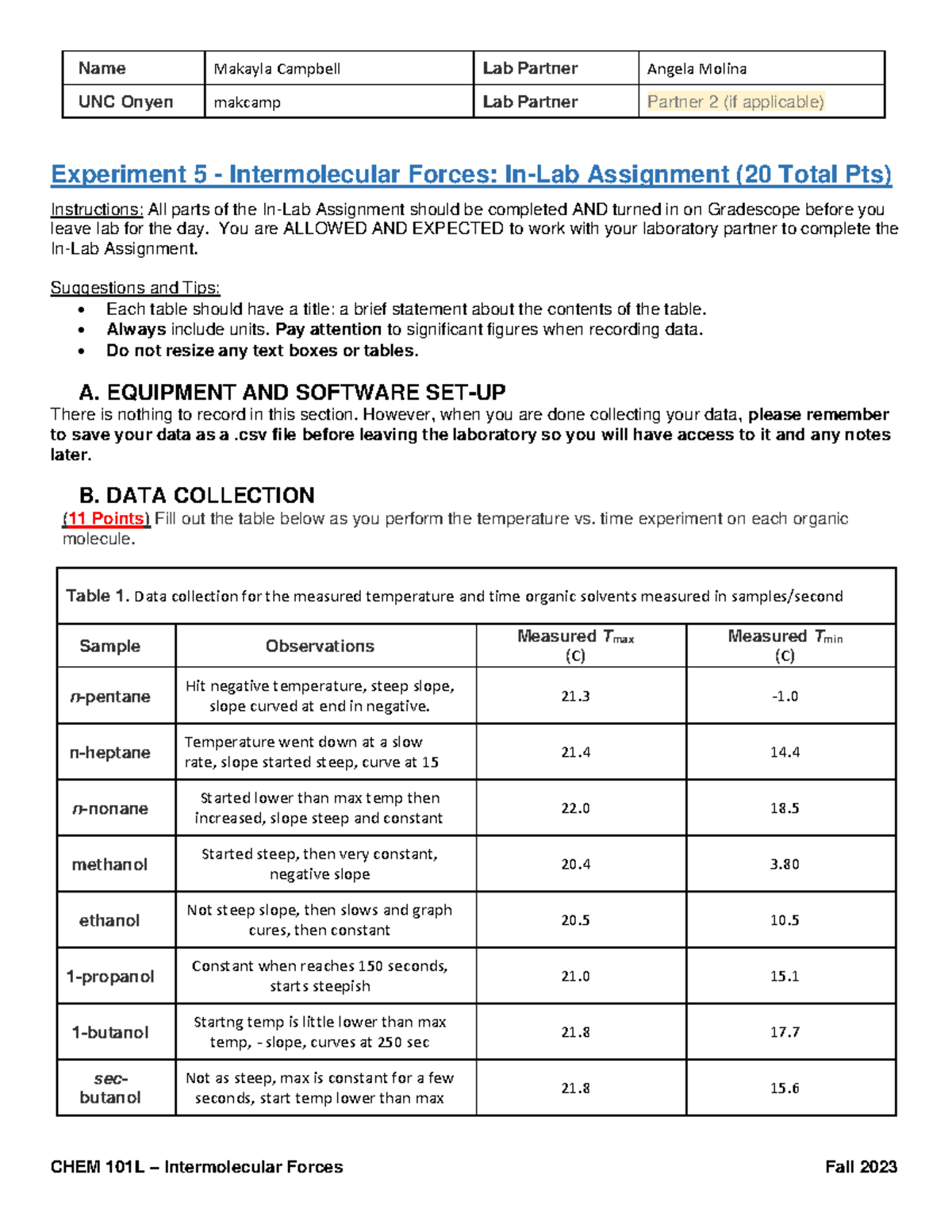 In-Lab Intermolecular Forces - CHEM 10 1 L – Intermolecular Forces Fall ...
