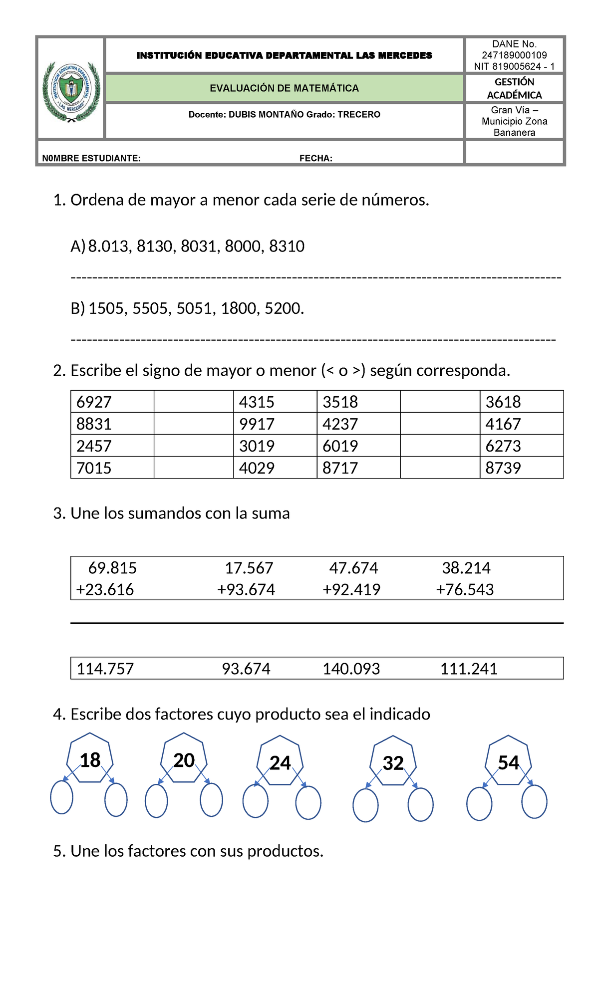 Evaluación DE Matematica Tercer Grado - INSTITUCIÓN EDUCATIVA ...