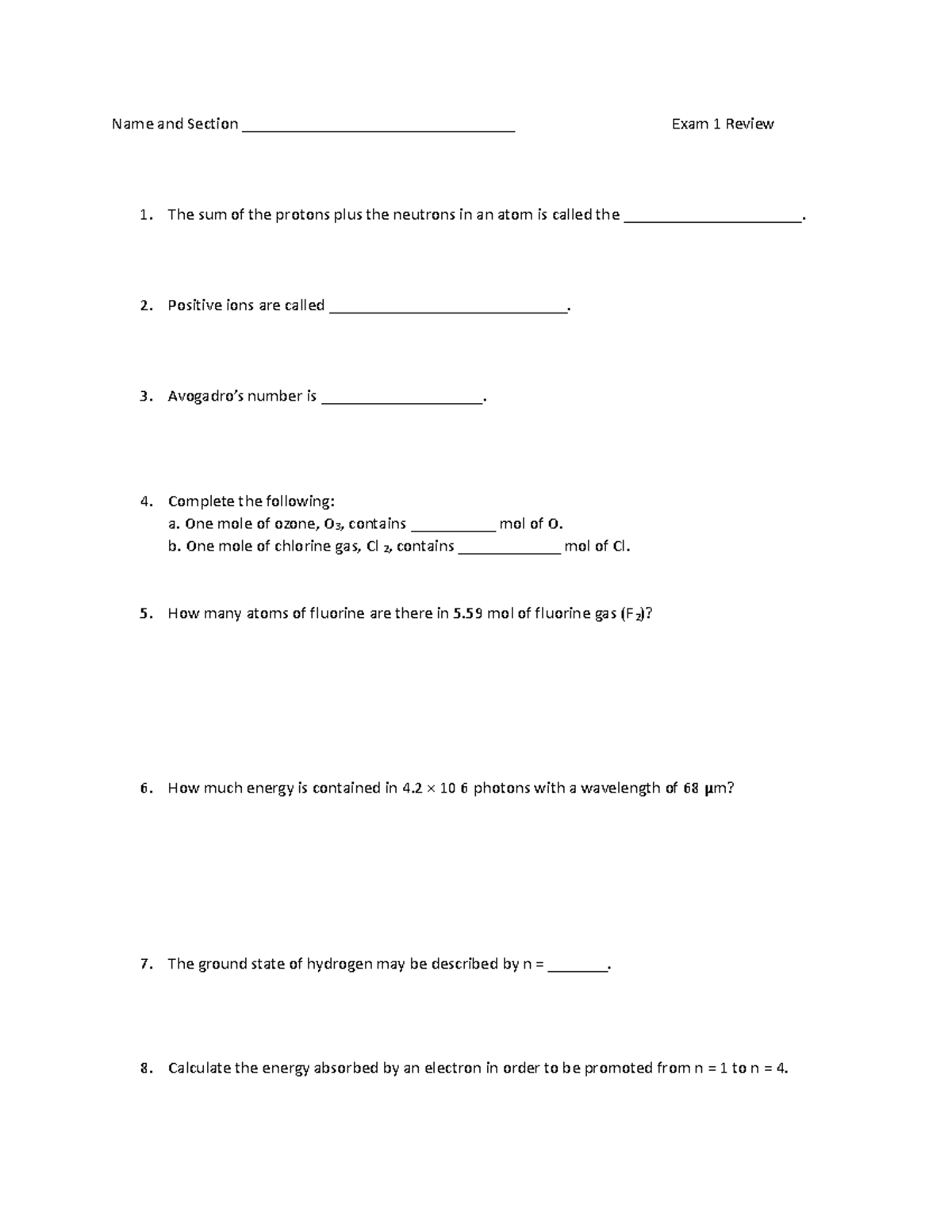 Exam 1 Review Name And Section Exam