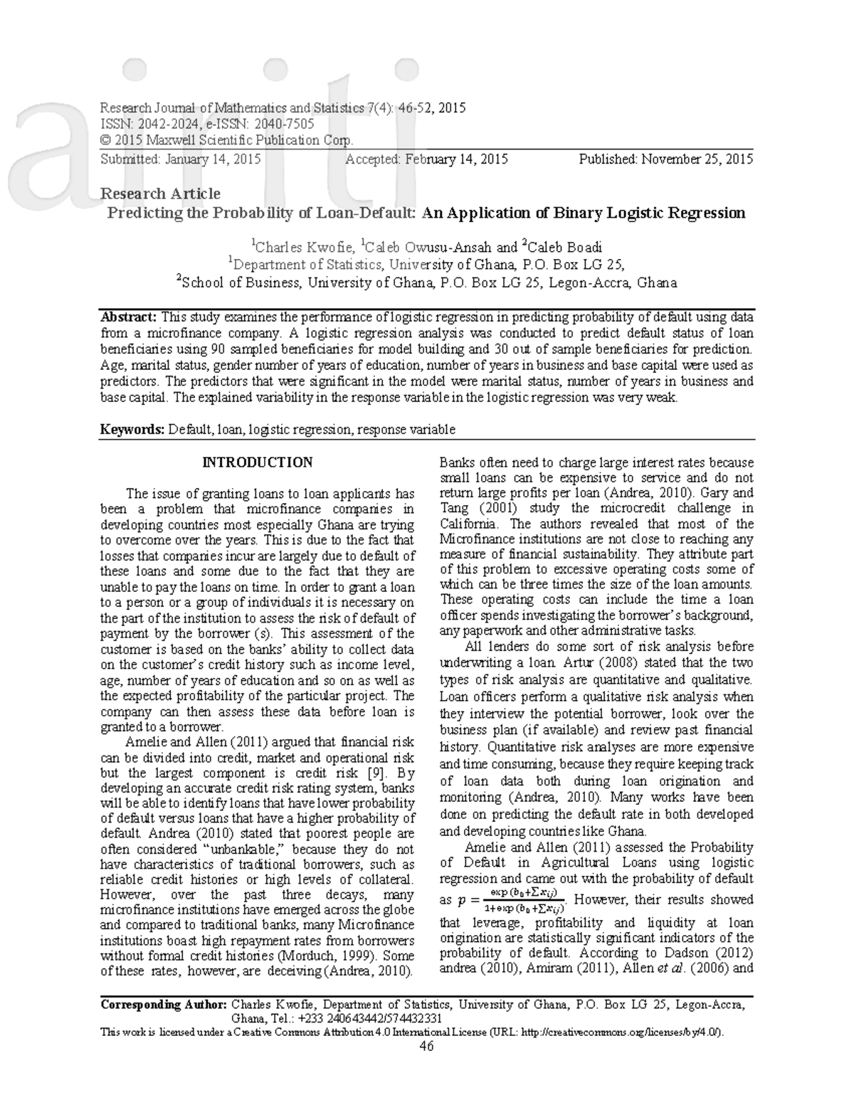 Predicting the Probability of Loan-Default An Application of Binary Logistic Regression ...