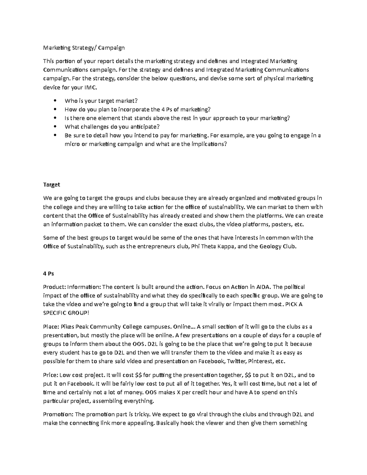 Marketing Campaign Outline - Marketing Strategy/ Campaign This portion ...