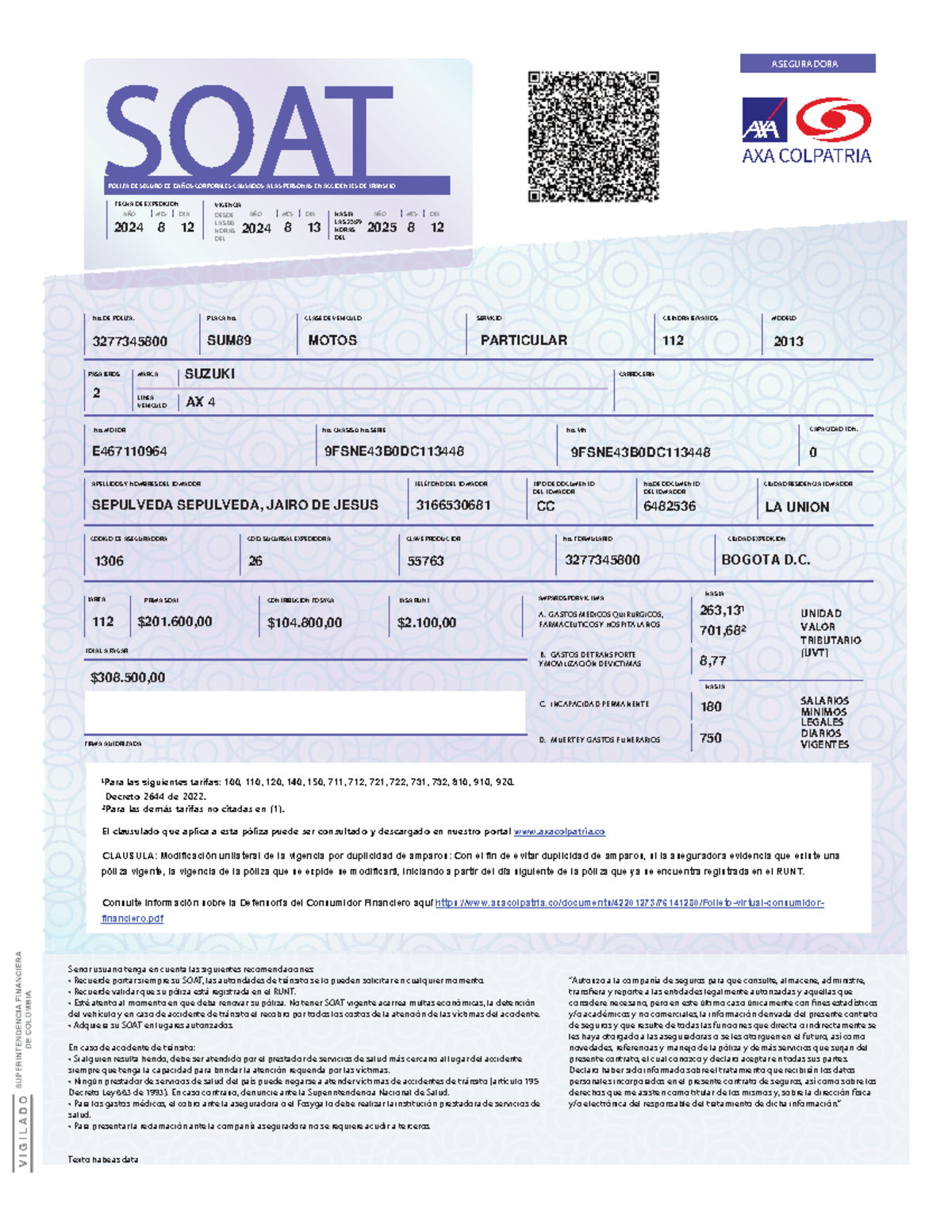 SUM89 - Sepulveda Sepulveda, Jairo DE Jesus - SOAT ####### PÓLIZA DE SEGURO DE DAÑOS CORPORALES ...