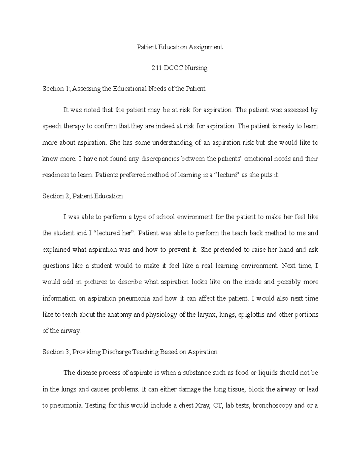 NURS 211 - Clinical - Patient Education Assignment - Patient Education ...