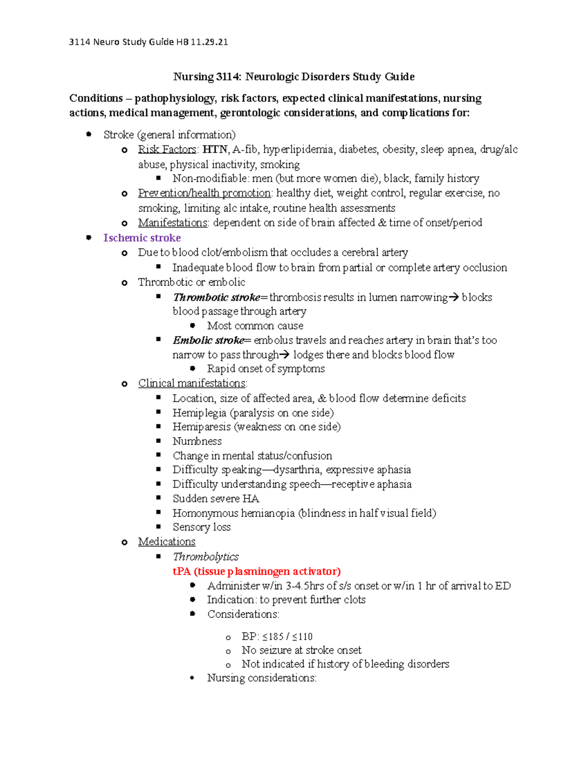 Neuro Study Guide - Nursing 3114: Neurologic Disorders Study Guide ...
