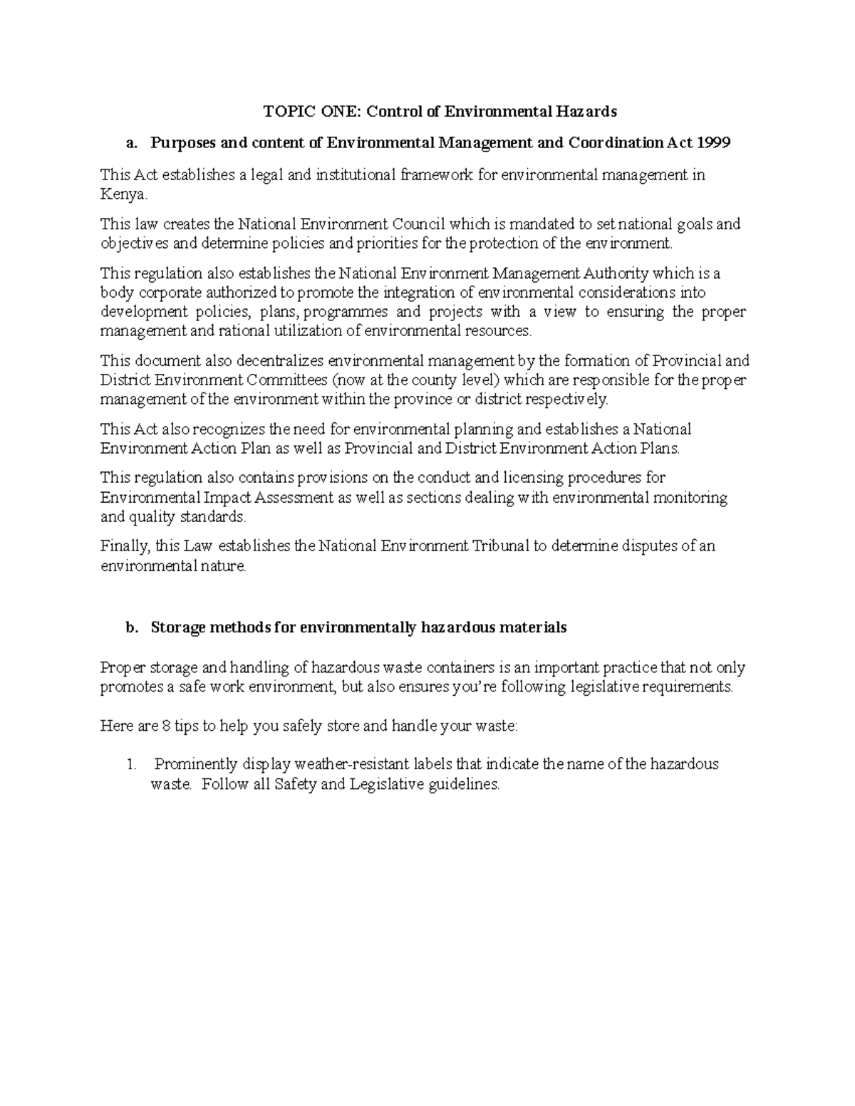 Environmental Literacy Lecture ONE - TOPIC ONE: Control of ...